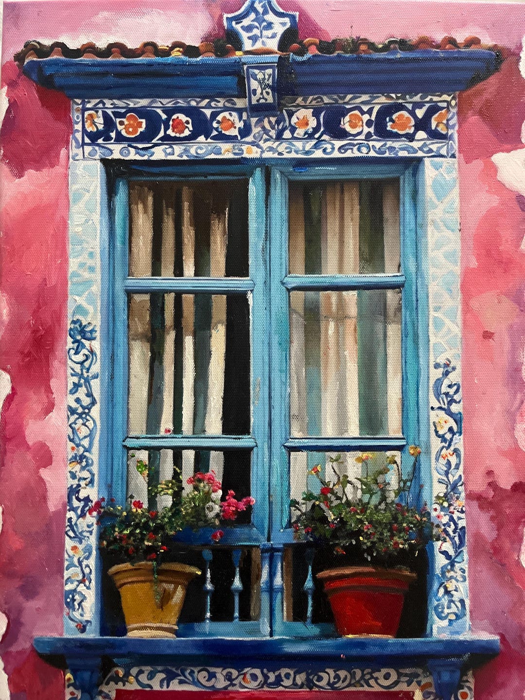 Lisbon Window Oil Painting: Portuguese Tiled Façade Art, Framed - Etsy