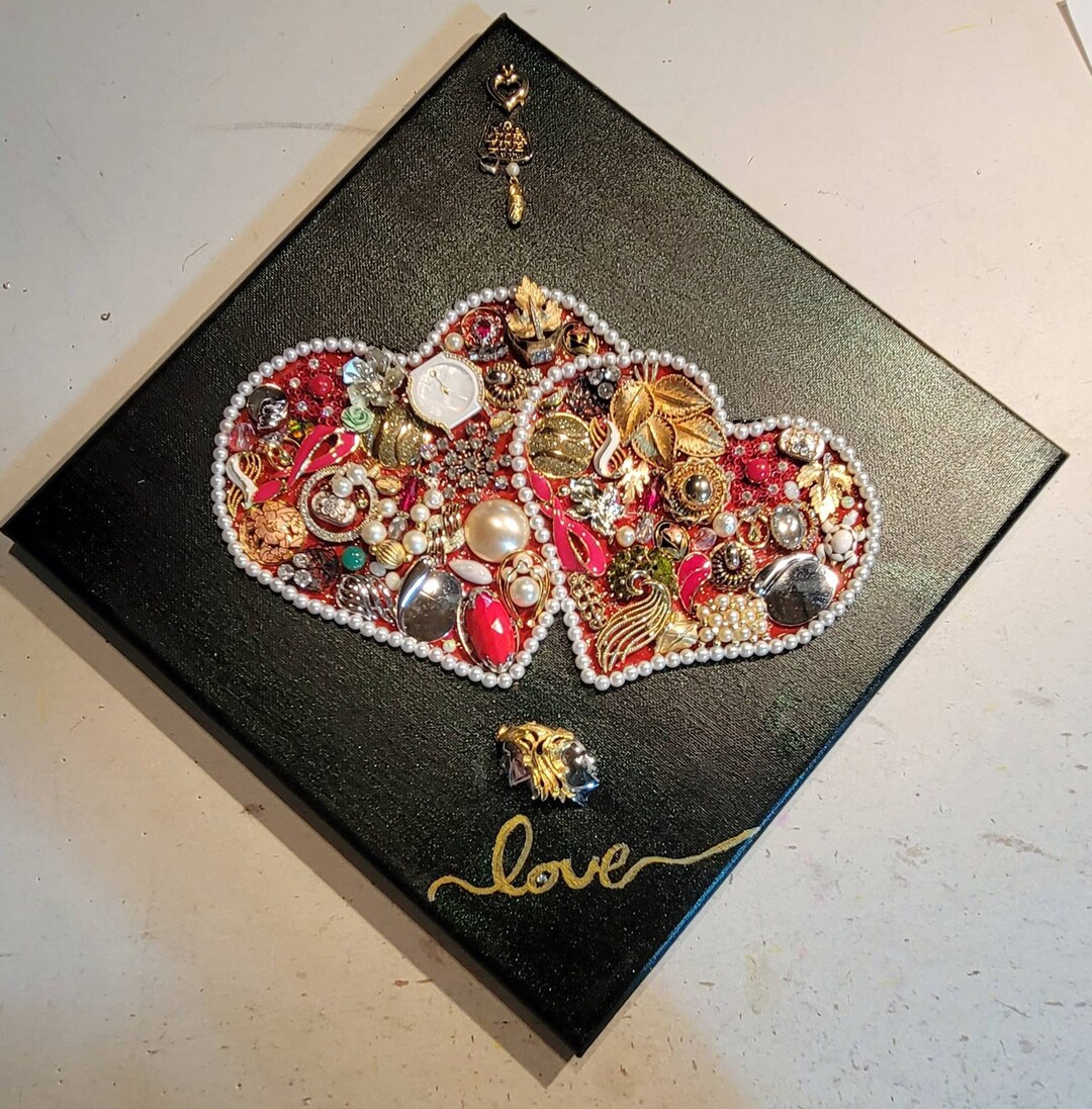 Vintage Jewelry Collage Mixed Media Art - Twin Hearts - Home Decor - Etsy