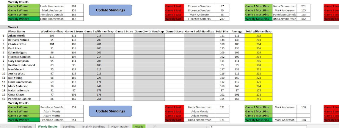 Excel Bowling League Tracker - 16 Players for 24 Weeks - Automatic ...