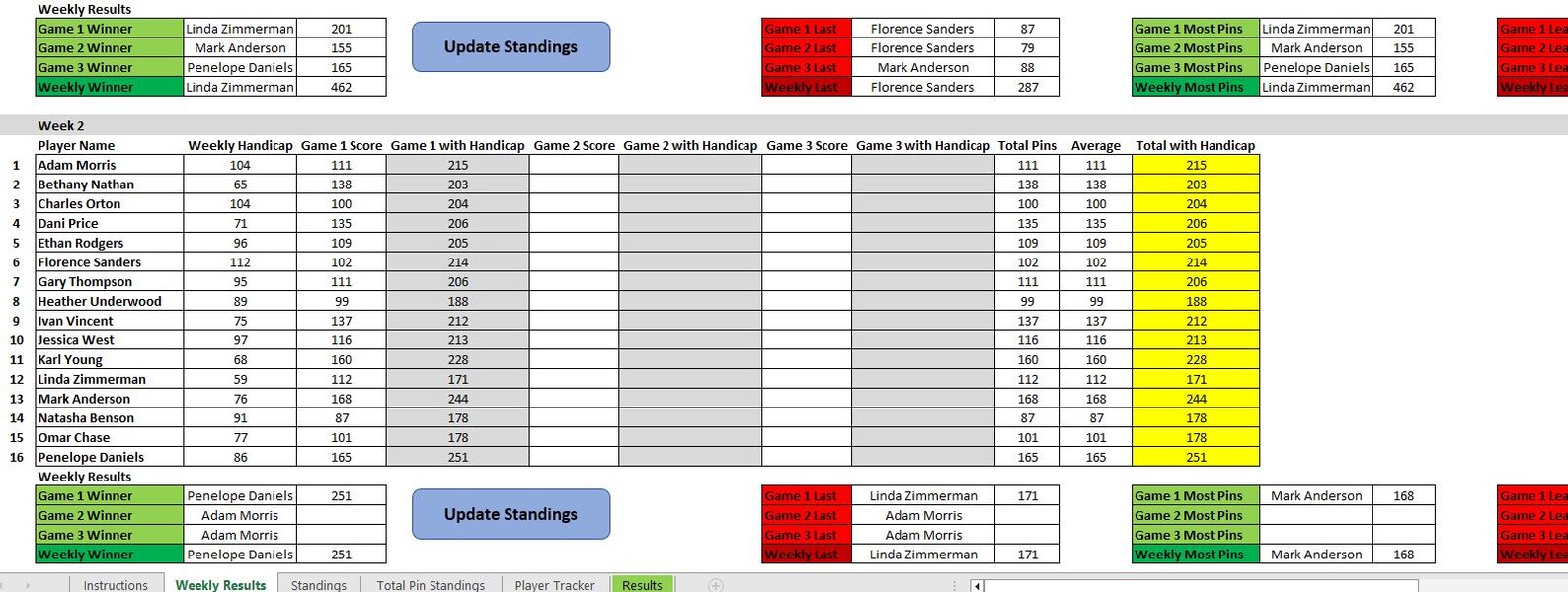 Excel Bowling League Tracker - 16 Players for 24 Weeks - Automatic ...