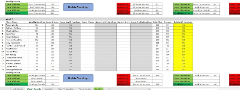 Excel Bowling League Tracker - 16 Players for 24 Weeks - Automatic ...