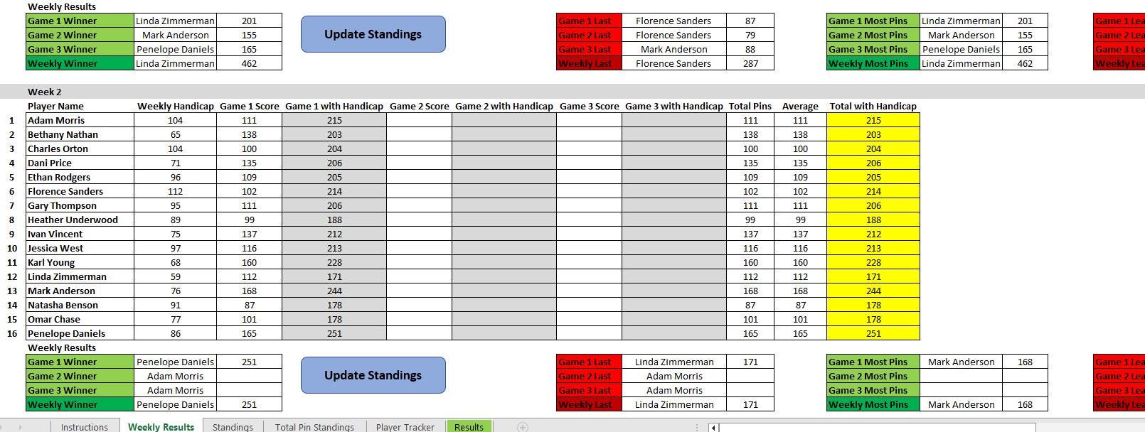 Excel Bowling League Tracker - 16 Players for 24 Weeks - Automatic ...