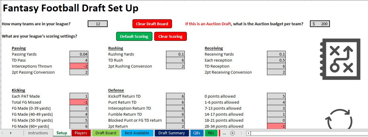 2025 Fantasy Football Draft Excel Tool for Auction and Standard Drafts ...