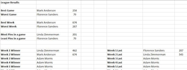 Excel Bowling League Tracker - 16 Players for 24 Weeks - Automatic ...
