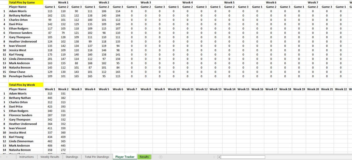 Excel Bowling League Tracker - 16 Players for 24 Weeks - Automatic ...