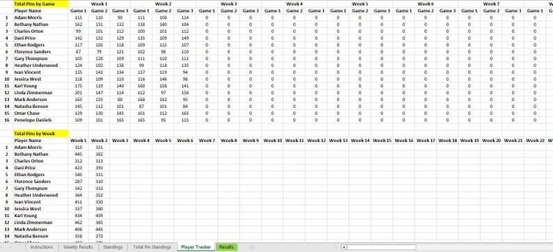 Excel Bowling League Tracker - 16 Players for 24 Weeks - Automatic ...