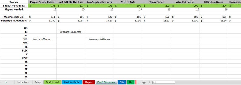 2025 Fantasy Football Draft Excel Tool for Auction and Standard Drafts ...
