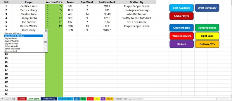 2025 Fantasy Football Draft Excel Tool for Auction and Standard Drafts ...