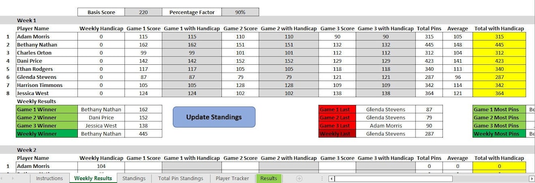 8 Player and 8 Week Bowling League Tracker With Automatic Handicap ...