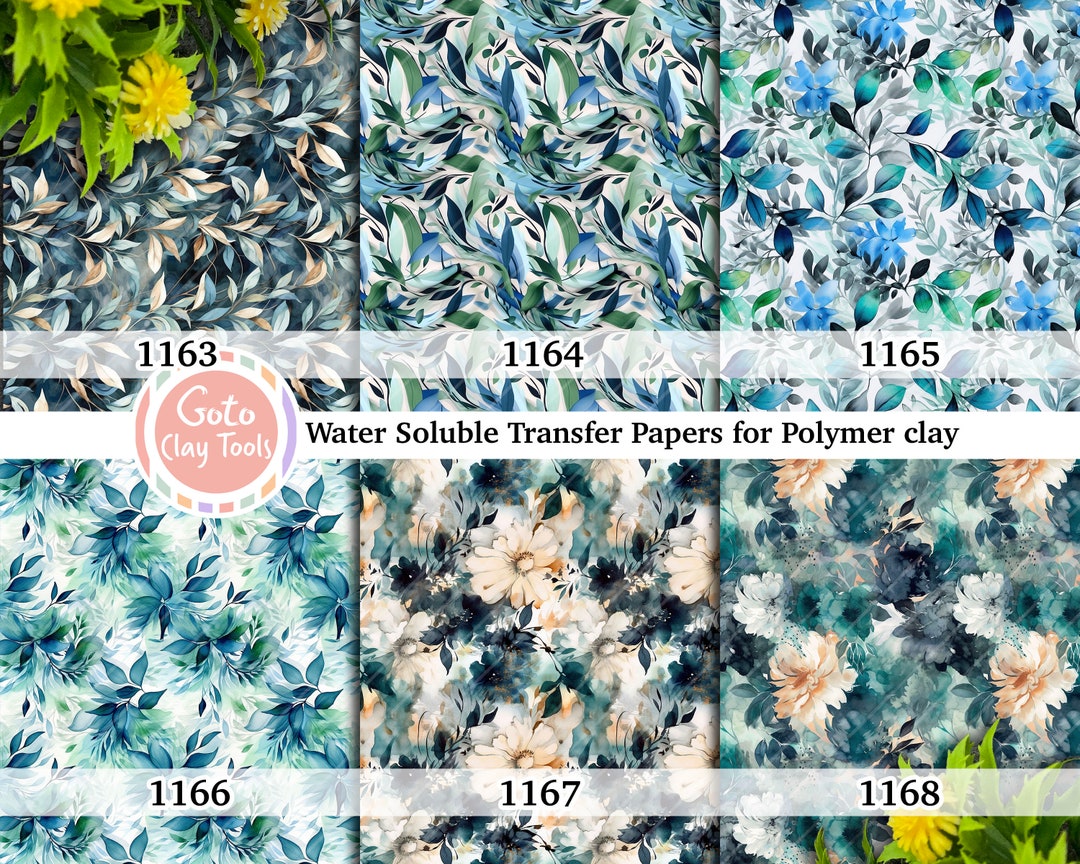 Water Soluble Transfer Paper for Polymer Clay, Abstract Aqua Leaves and ...