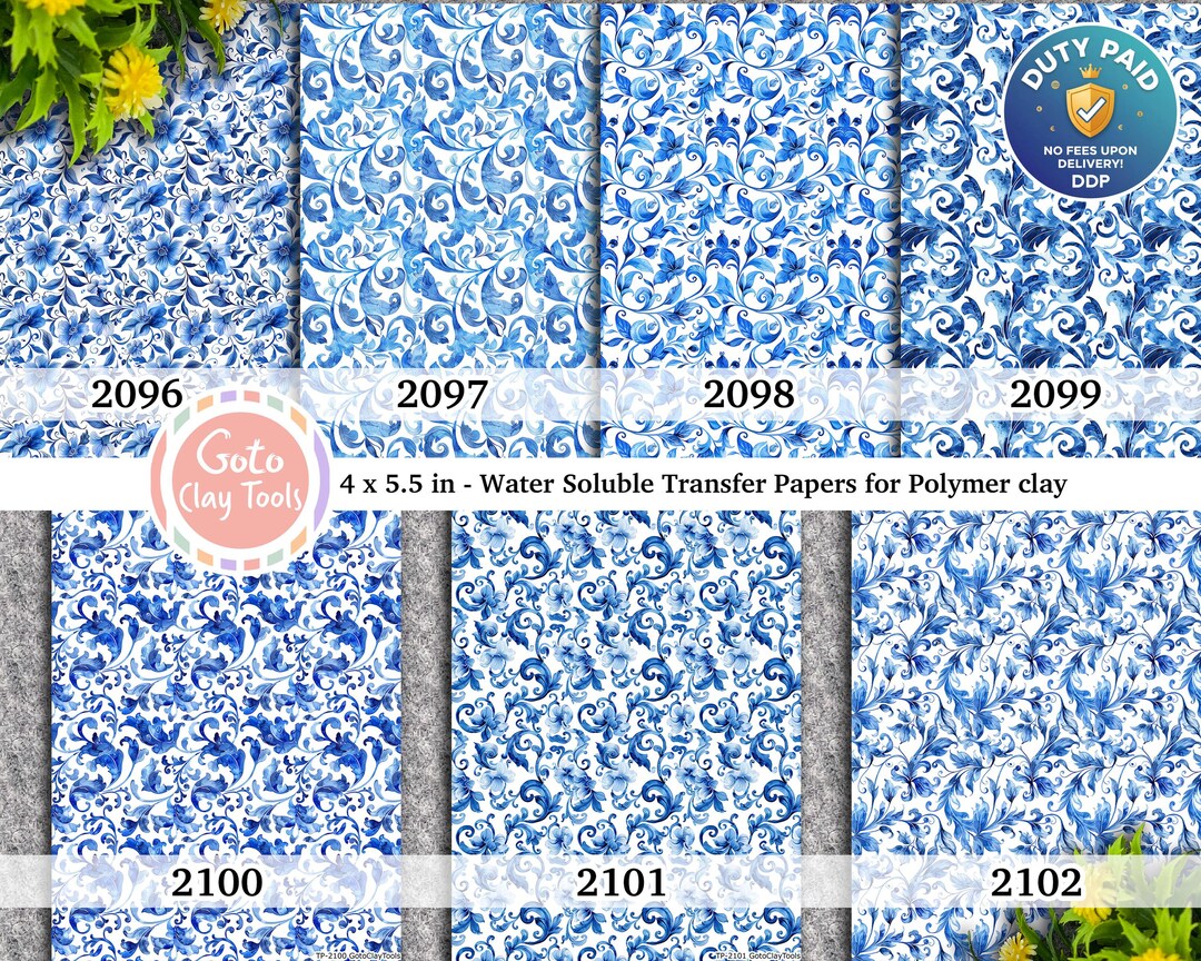 Blue Floral Water Soluble Transfer Paper for Polymer Clay (4x5.5 Inches ...