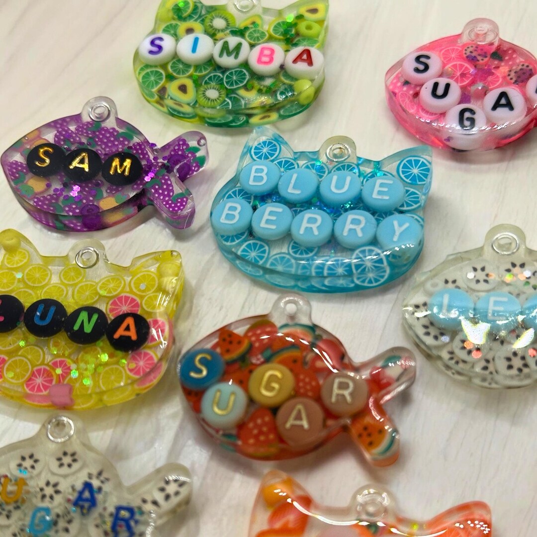 Custom Cat ID Tag - Personalized Resin Pet Name Tag, Glitter Epoxy Cat ...