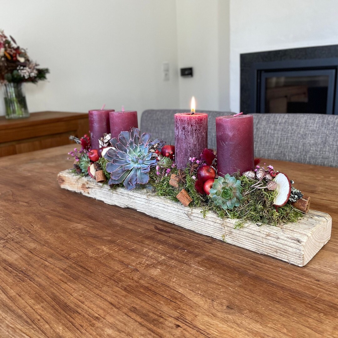 Rustic Advent Wreath on a Wooden Beam Unique Christmas Decoration With ...