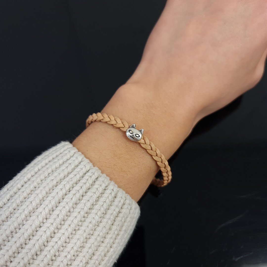 Nature Bracelet, Silver Cat Bracelet, Leather Bracelet, Charm Bracelet ...