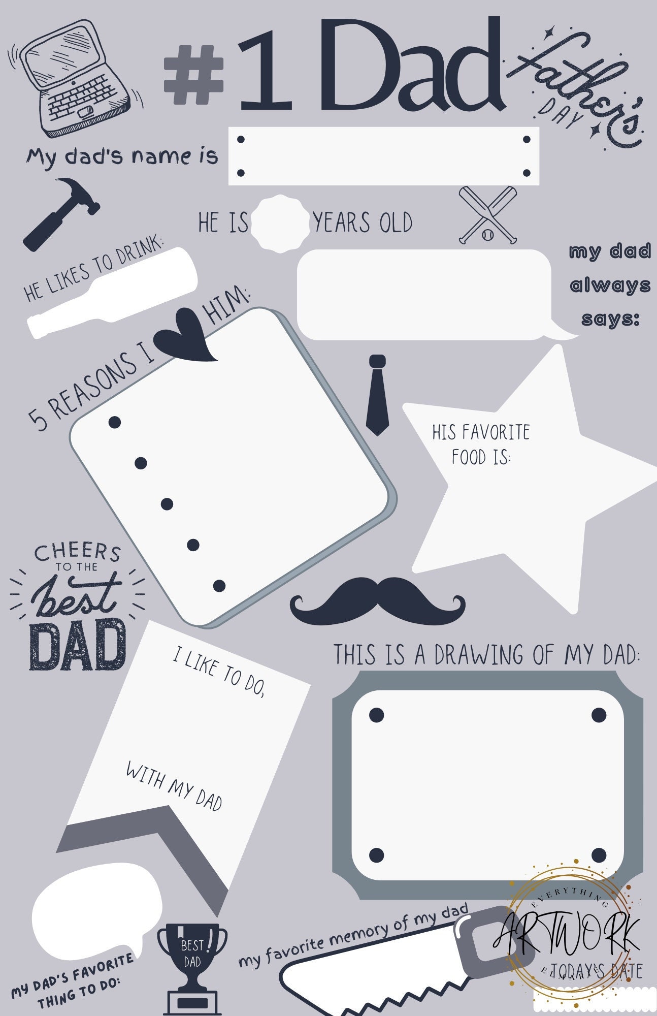 Digital Download, Fathers Day Fill In, Fathers Day Printable, #1 Dad ...
