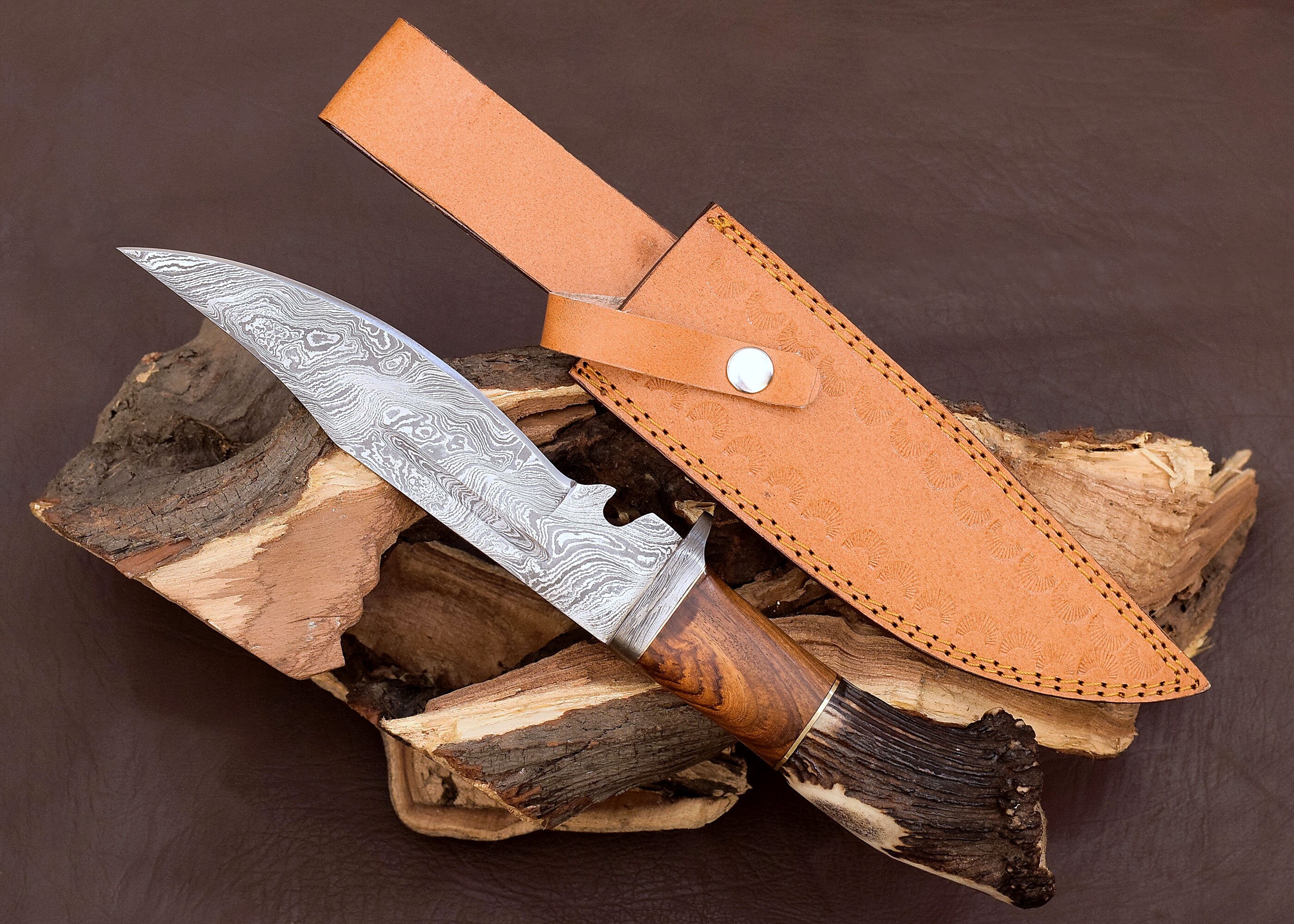 Hand Forged Hunting Knife With Ashwood Handle Leather Sheath , Custom ...