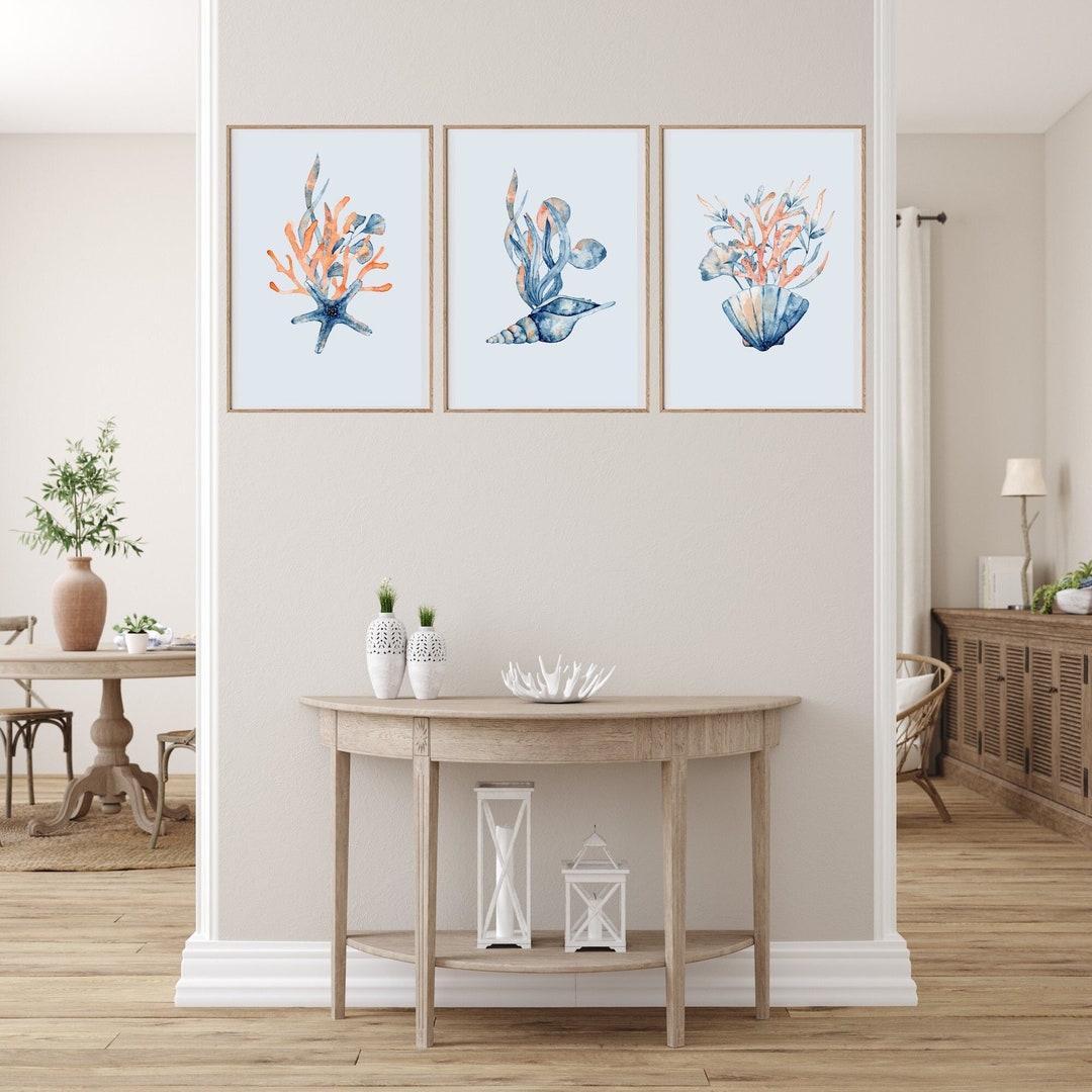 Coastal Gallery Wall Set, Coral Wall Art, Set of Three Prints,digital ...