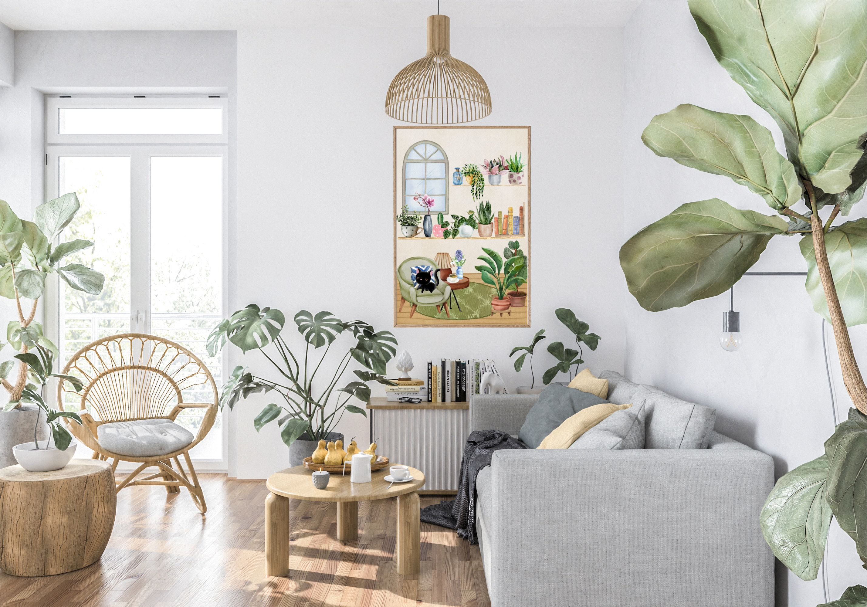 Boho Botanical Wall Art, Houseplants Print, Digital Download, Black Cat ...