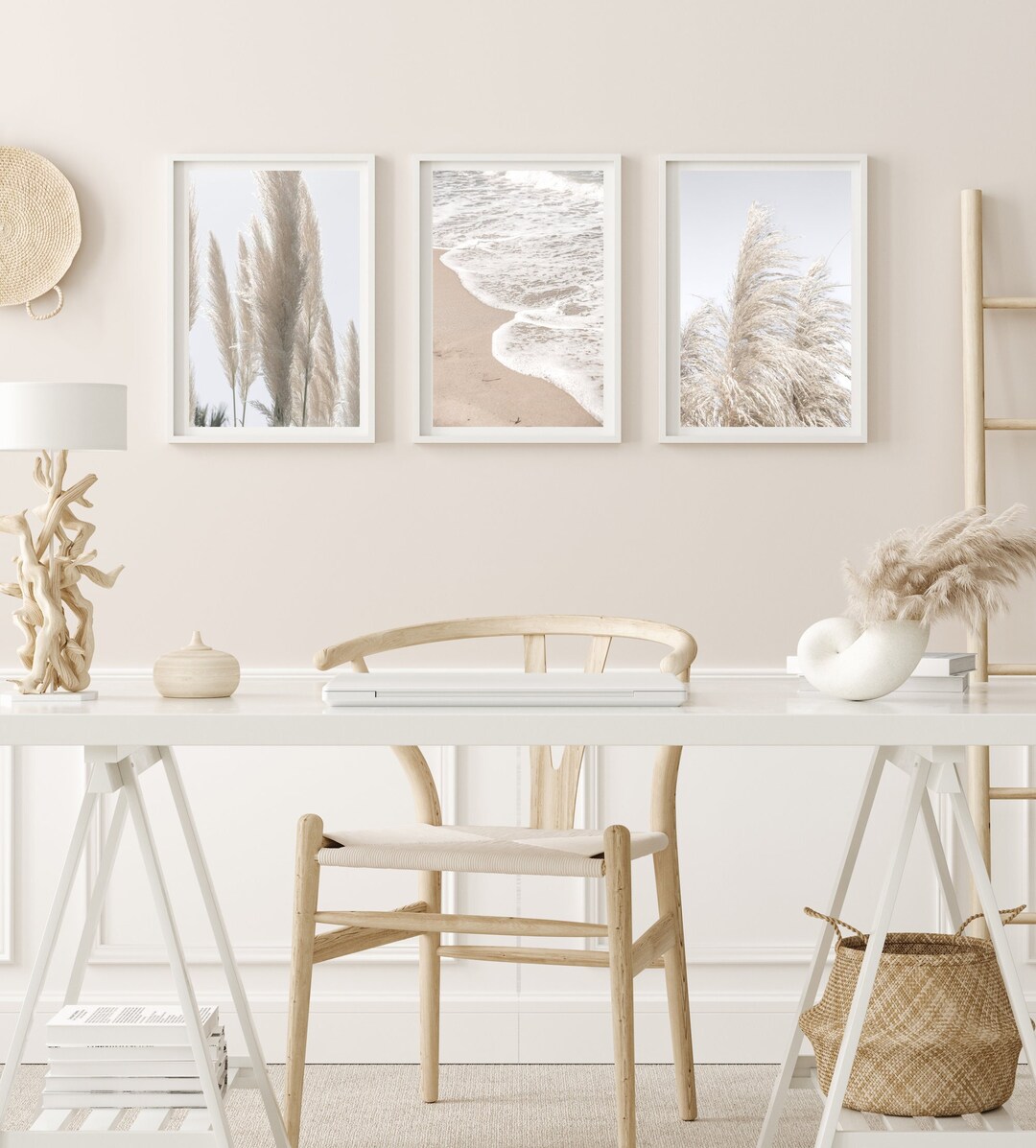 Neutral Gallery Wall Set, Boho Beach Set of Three Prints, Digital ...