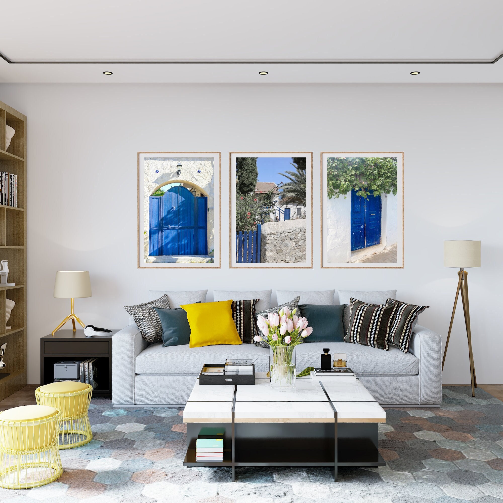 Mediterranean Gallery Wall Set, Blue Door Set of Three Prints, Digital ...