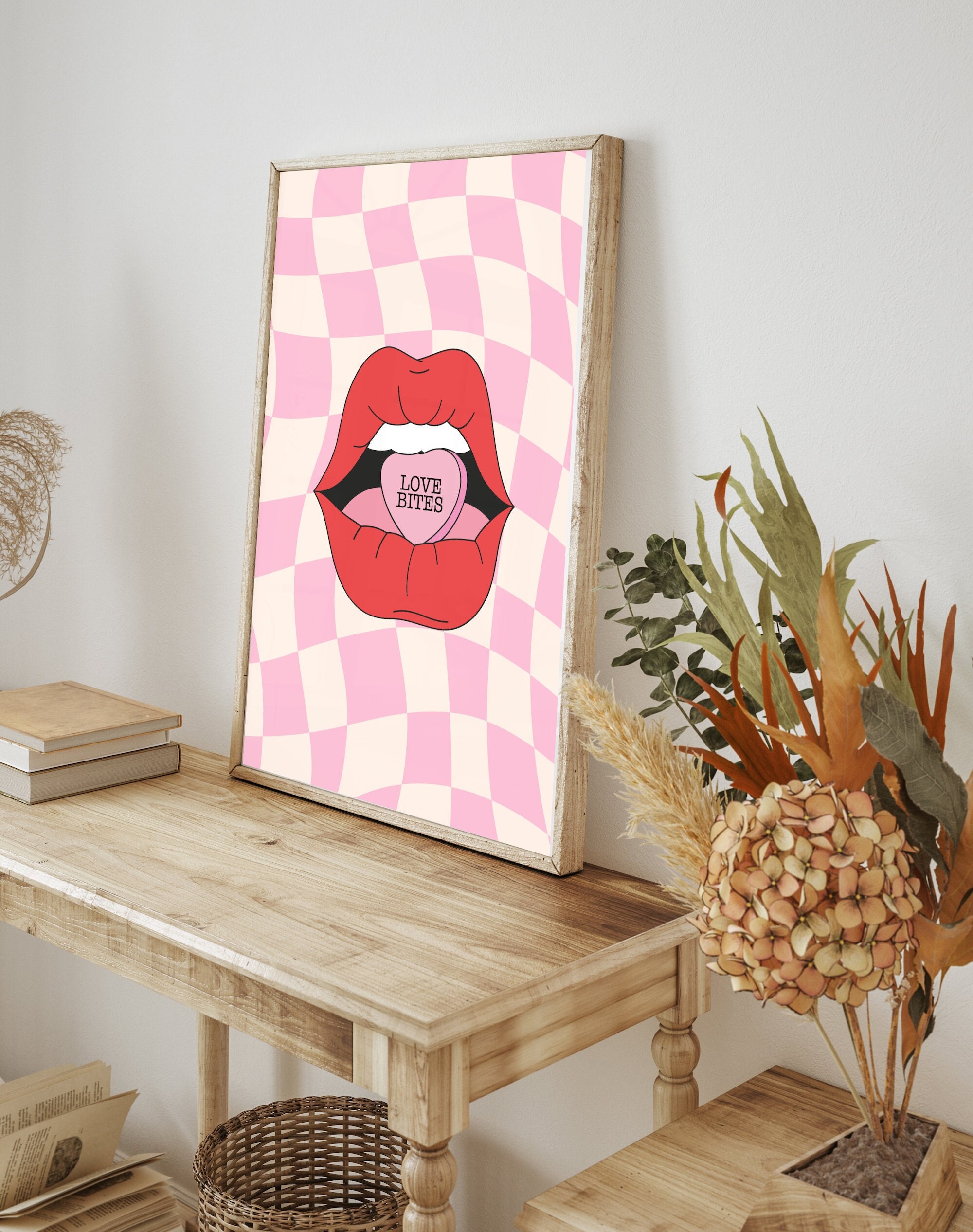 Trendy Retro Wall Art, Red Lips Print, Digital Download, Love Bites ...