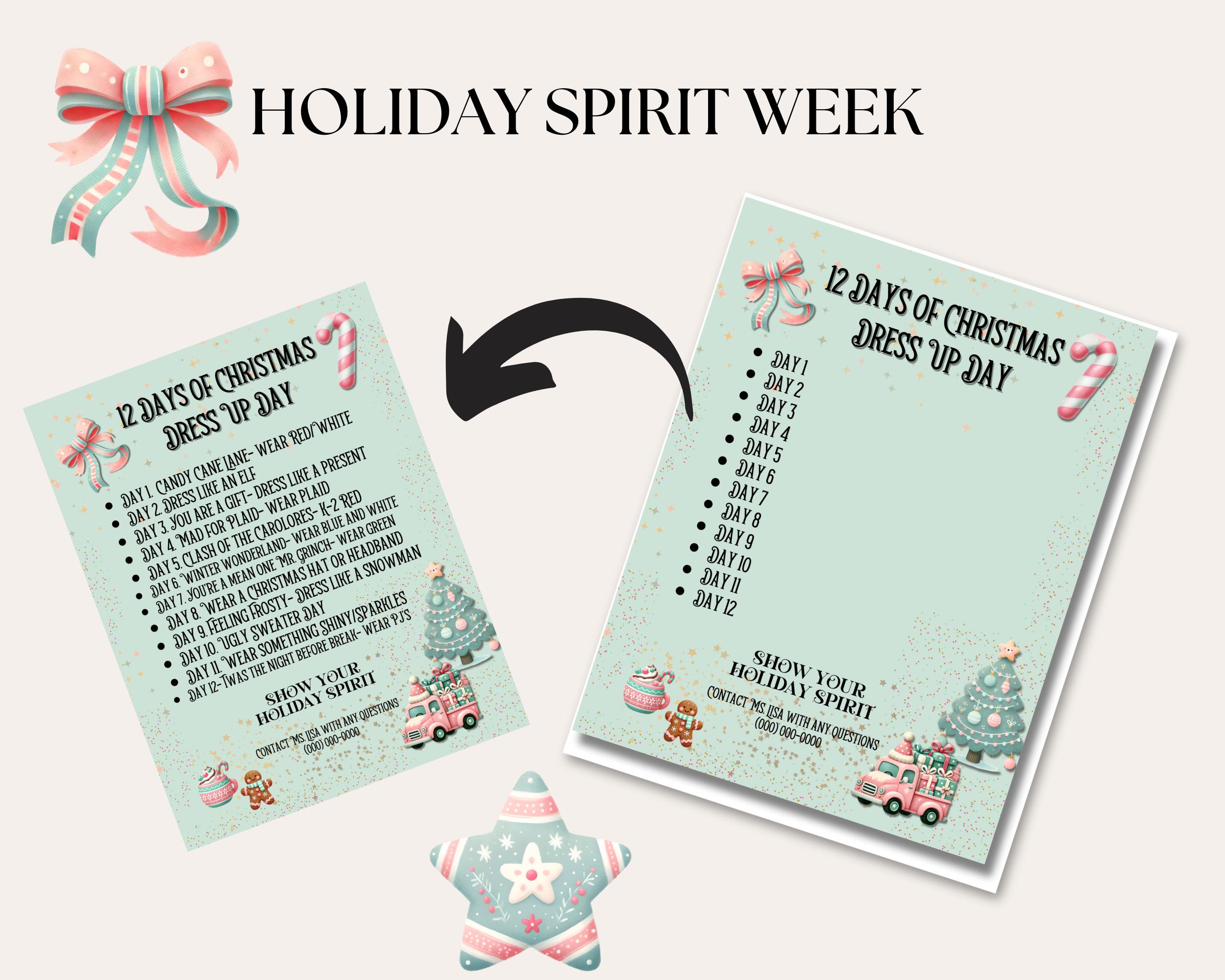 Template 12 Days of Christmas Spirit Week Dress up Guide- Editable ...