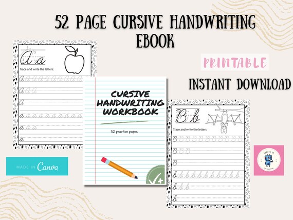 Cursive Handwriting Practice Workbook With 52 Page Printable | Etsy