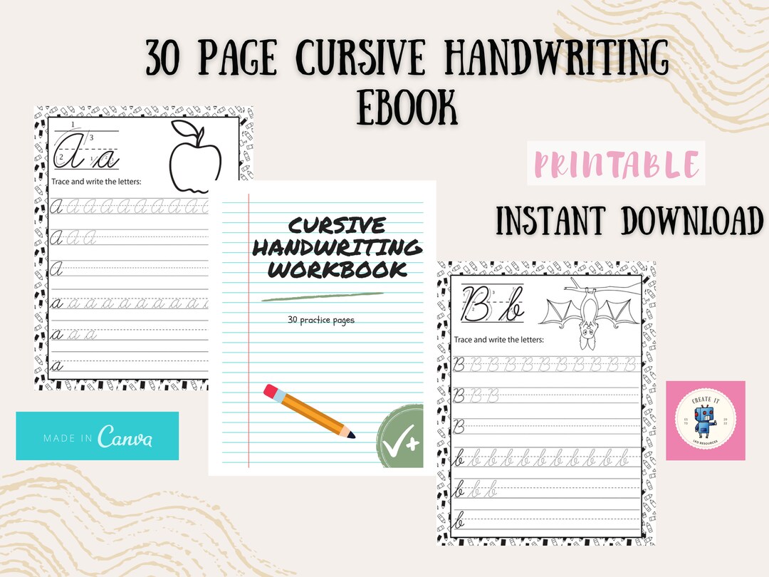 Cursive Handwriting Practice Sheets, 30 Pages of Handwriting Workbook ...