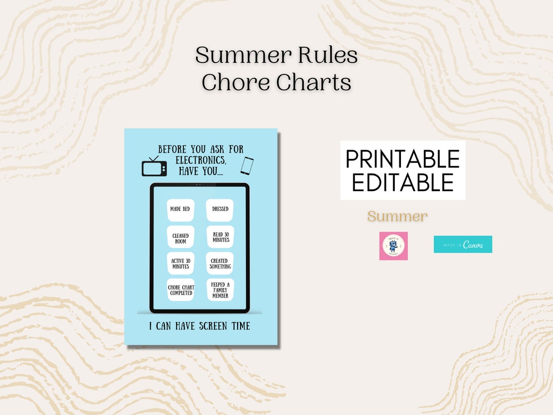 Printable Kids Chore Chart and Rules Bundle, Screen Time Checklist ...