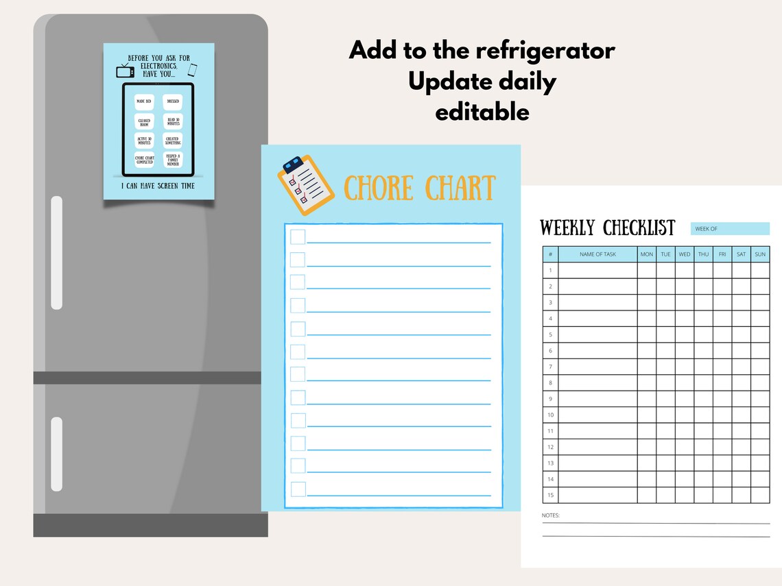 Printable Kids Chore Chart and Rules Bundle, Screen Time Checklist ...