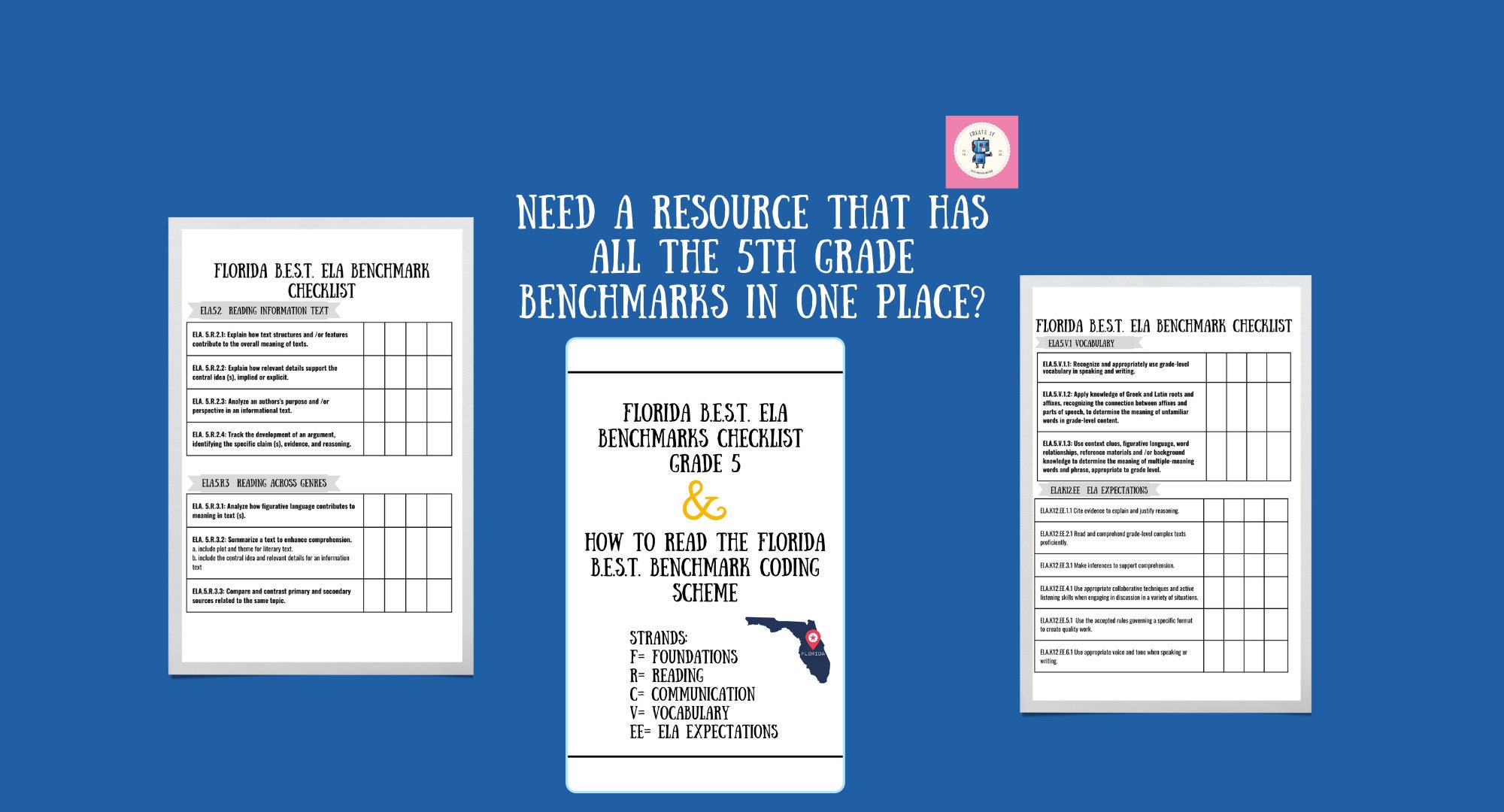 Florida 5th Grade B.E.S.T. Standards English Language Arts Benchmark ...
