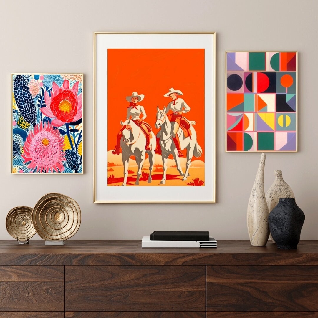 Western Cowgirl Art Print Set, Gallery Wall Colorful Artwork, Eclectic ...