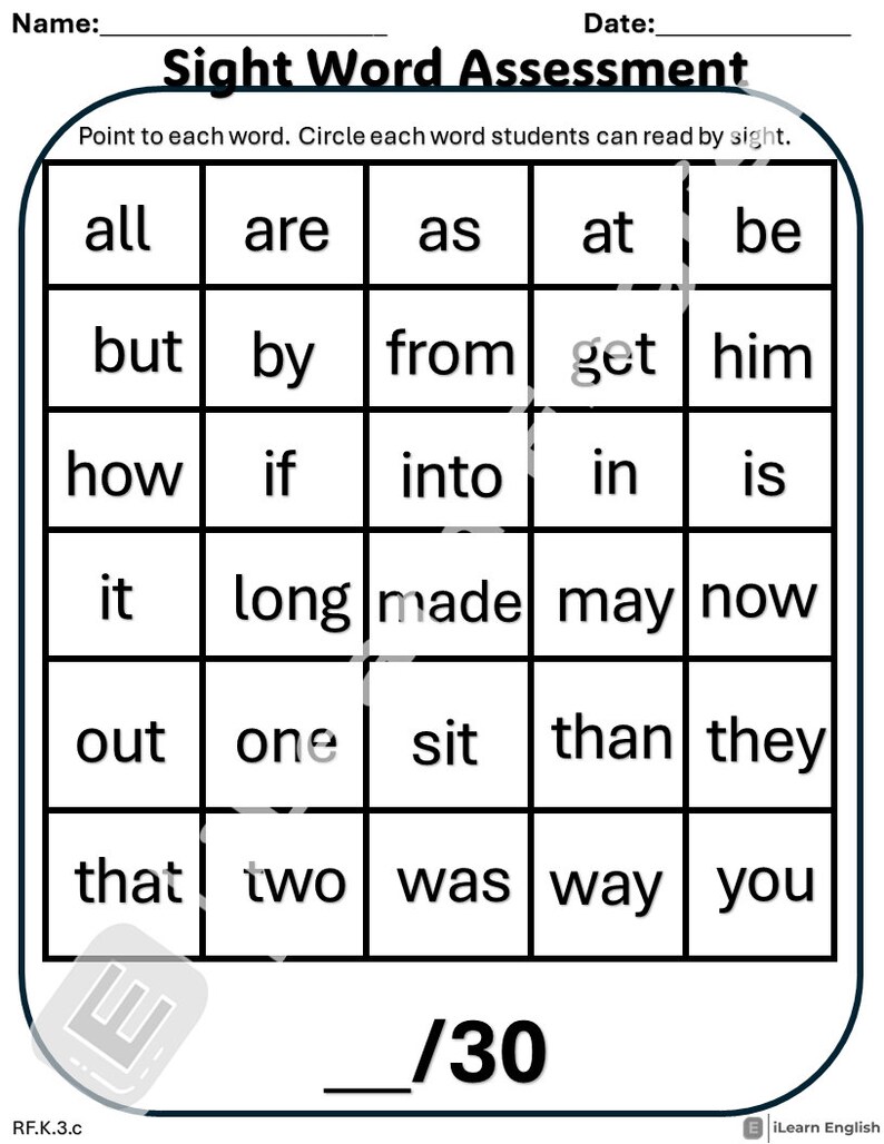 Sight Word Assessment Packet 300 Sight Words / Assessment on First 100 ...