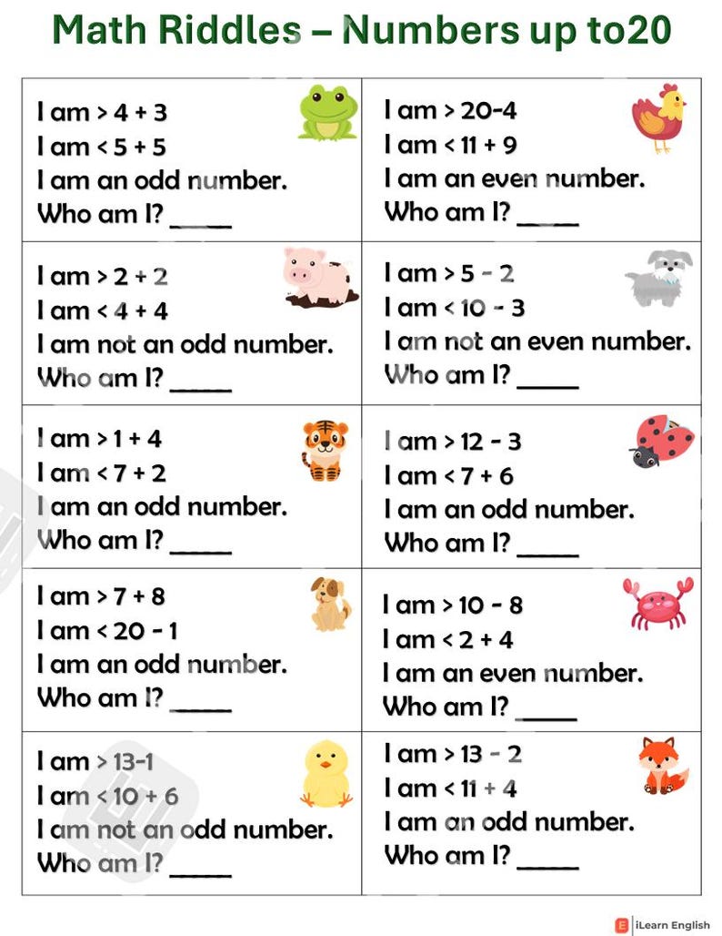 Math Riddles Numbers up to 20 - Etsy