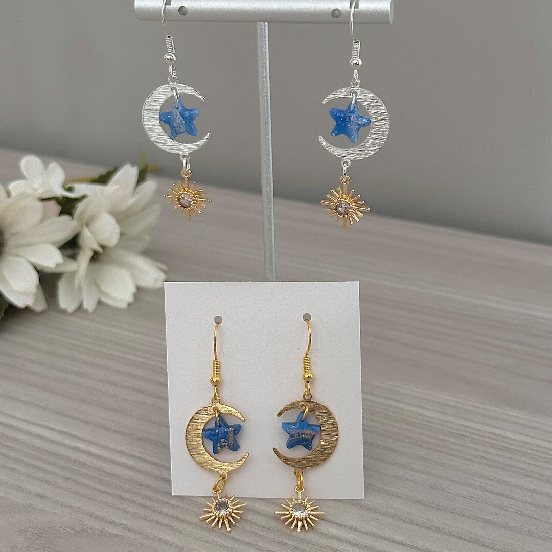 Sun, Moon and Star Earrings, Handmade Polymer Clay Earrings, Silver and Gold Dangle Earrings ...