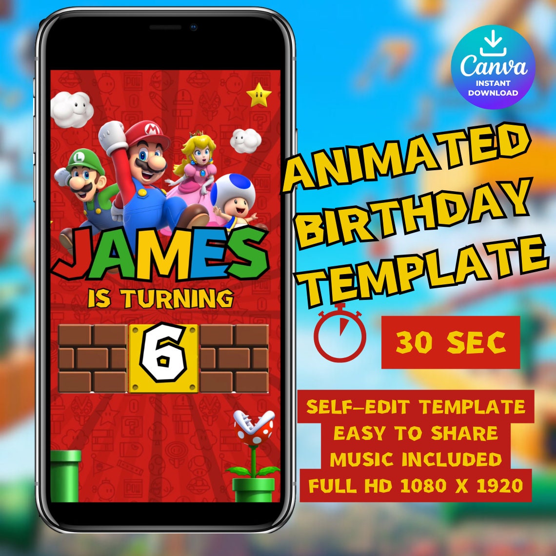 Digital Mario Bross Birthday Invitation - Editable Invitation Template ...