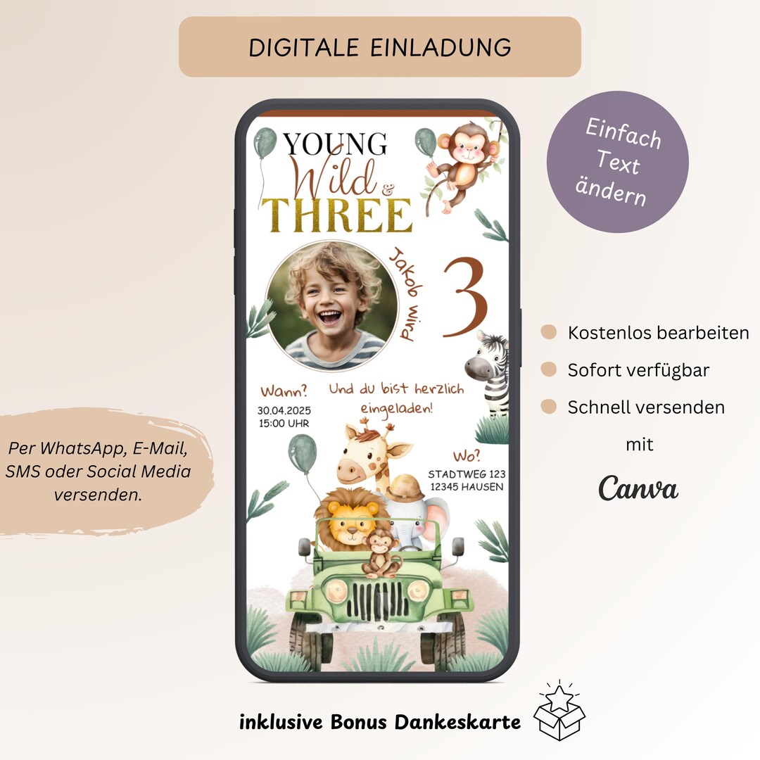 Digital Invitation for Children's Birthday Party Young Wild & Three ...