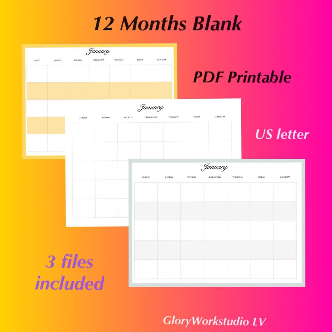12 Months Blank Calendar, 3 Colors, Simple Calendar, Start - Sunday, 11 ...
