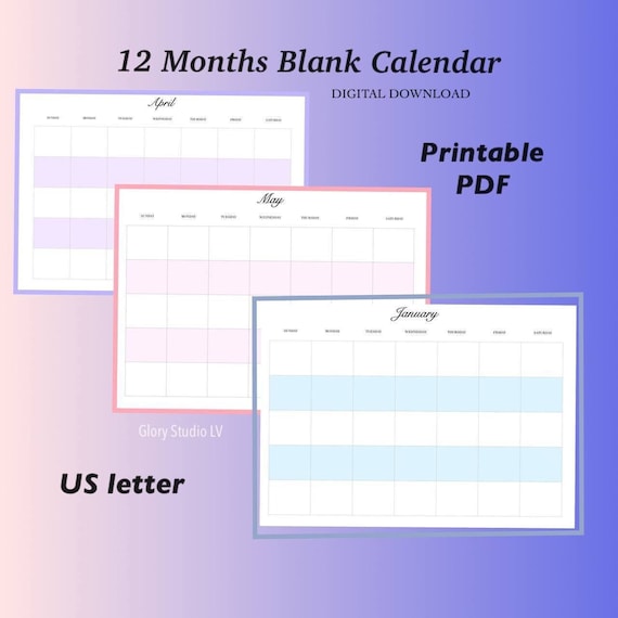 12 Months Blank Calendar 3 Colours Simple Calendar Start - Etsy