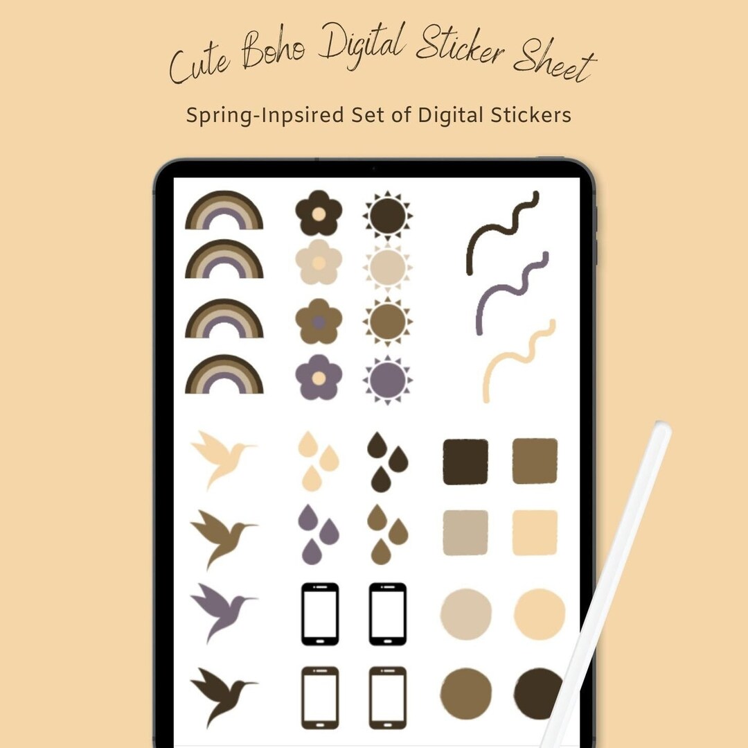 Cute Boho Digital Stickers, Boho Neutral Colored Stickers With a Pop of ...