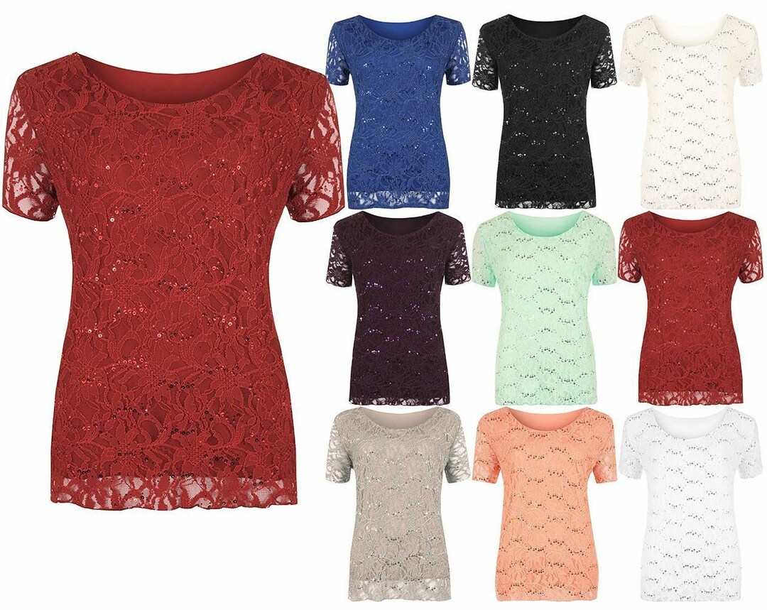 Plus Size Womens Short Sleeve Floral Lace Lined Sequin Top - Etsy