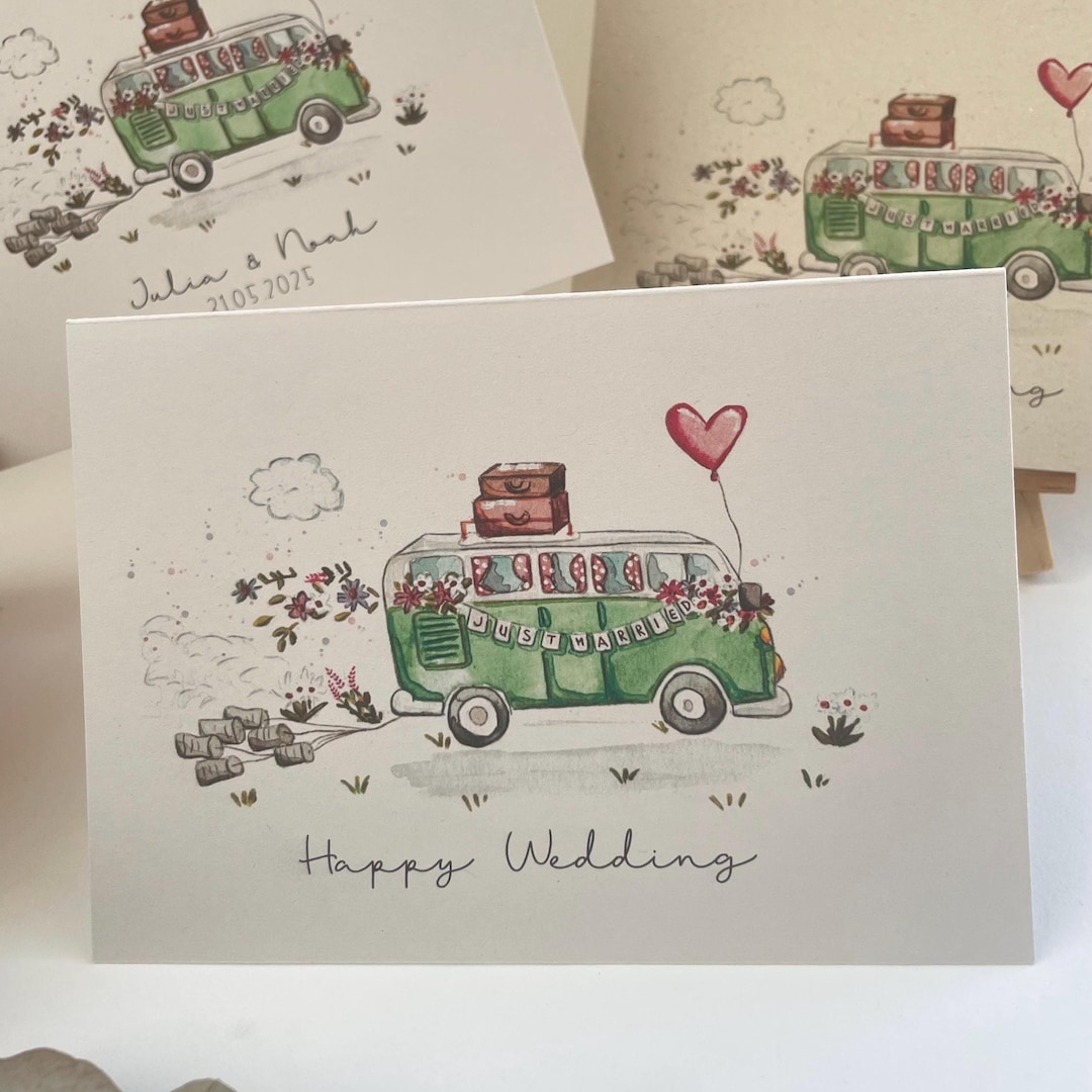Wedding Congratulations Card / VW Bus Watercolor / Vintage Floral ...
