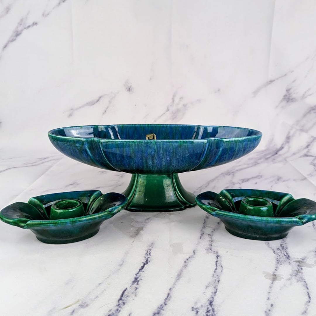 1967 Haeger Blue Green Planter & 2 Candle Stick Set Pottery Glazed ...