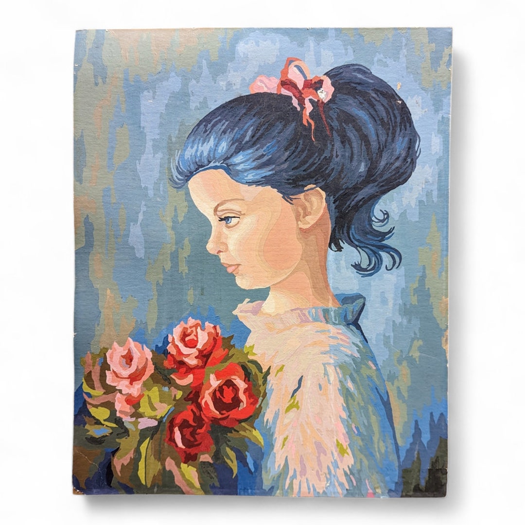 Vintage 1960s Portrait Girl Paint by Number Flowers Blue Art Wall Decor ...