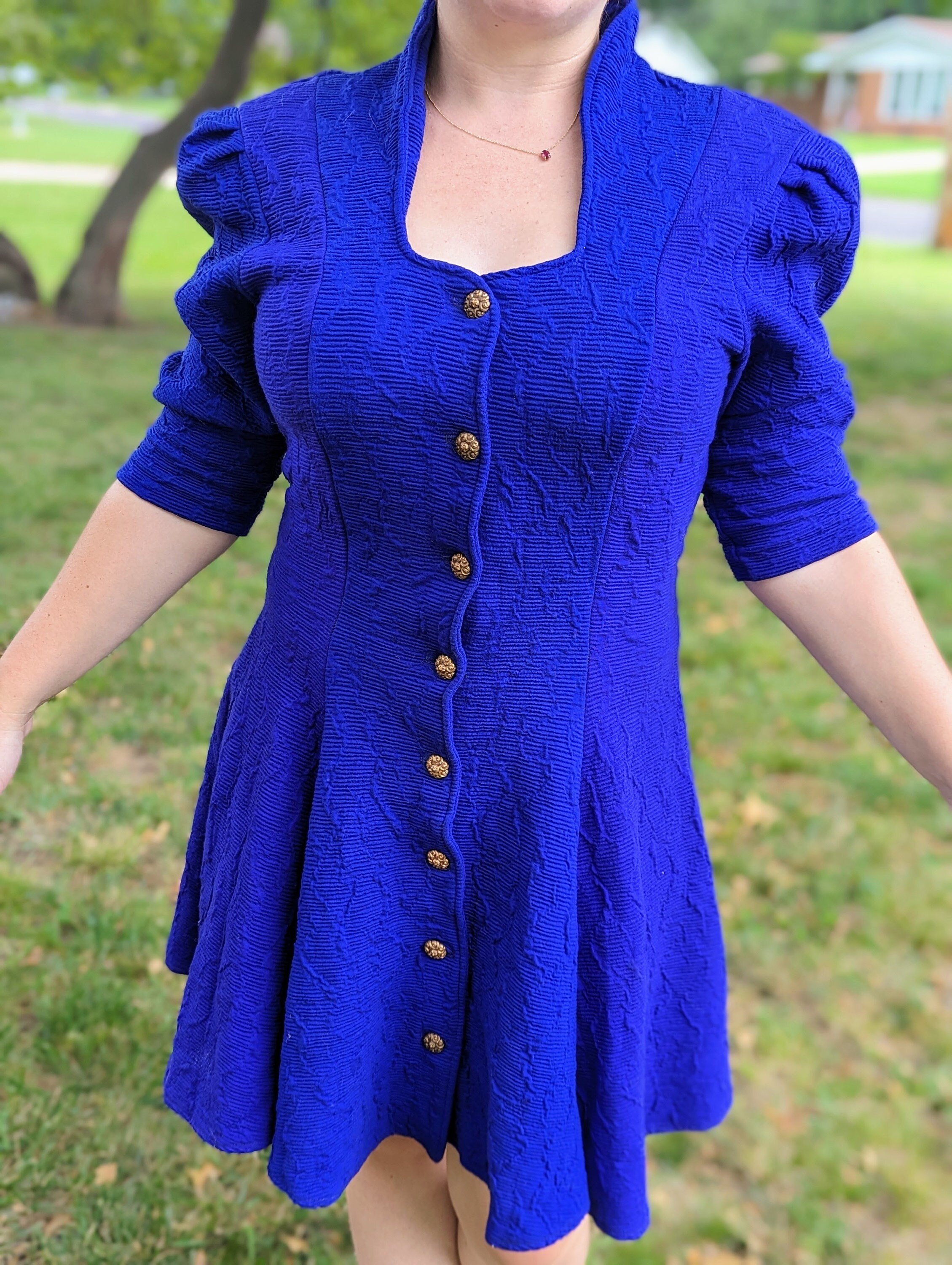 80s Royal Blue Puff Sleeve Button Down Party Dress Square - Etsy