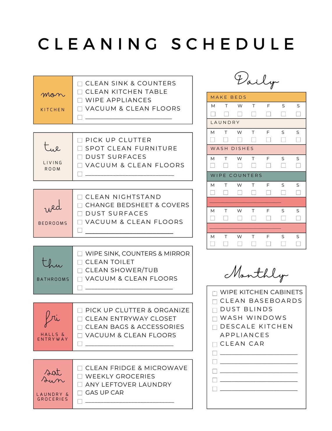 Printable Cleaning Schedule, Instant Download, Organizational Cleaning ...