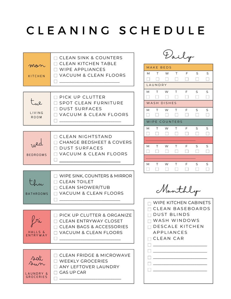 Printable Cleaning Schedule, Instant Download, Organizational Cleaning ...