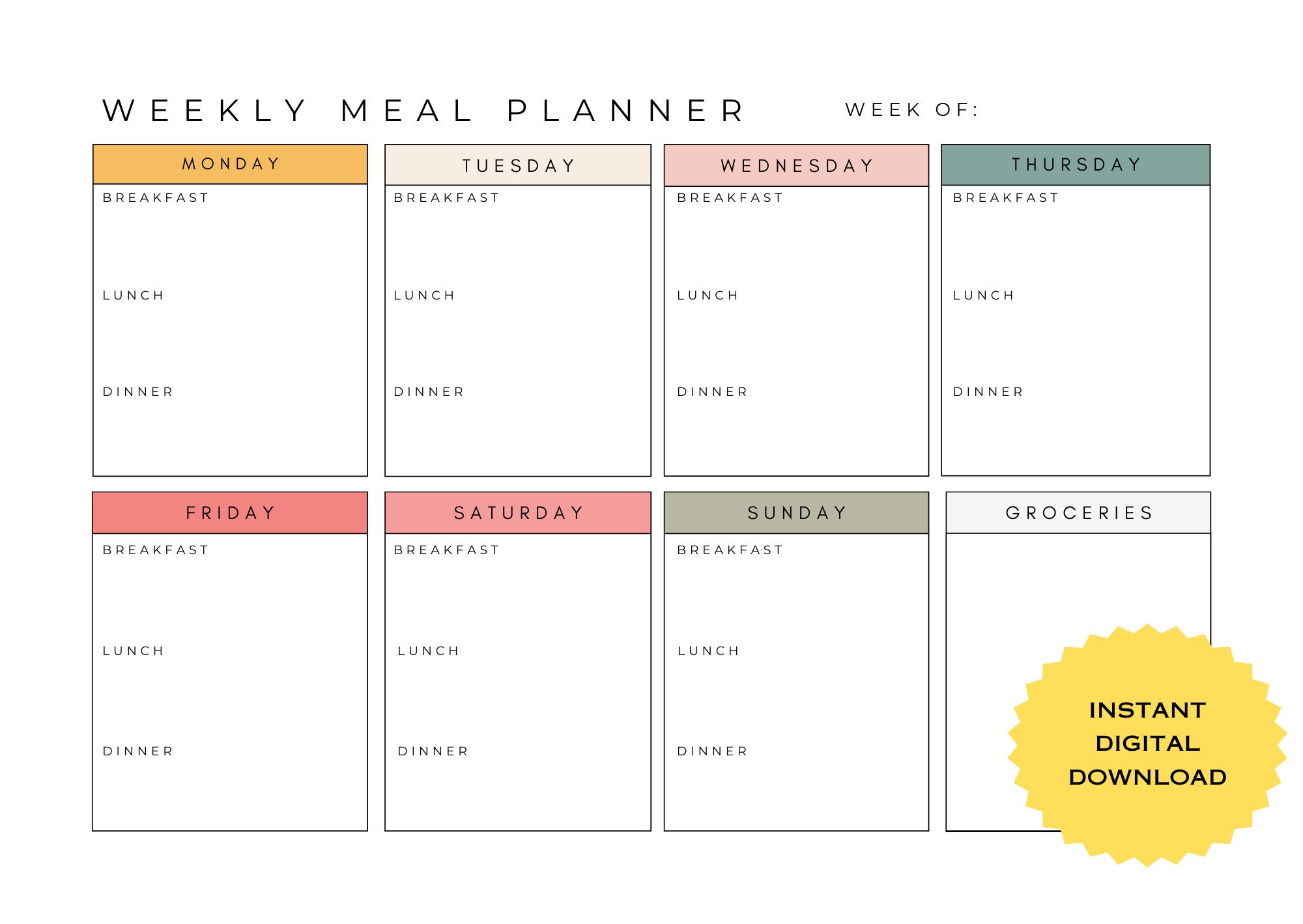 Weekly Meal Planner With Grocery List Printable Template, 7 Day Menu ...