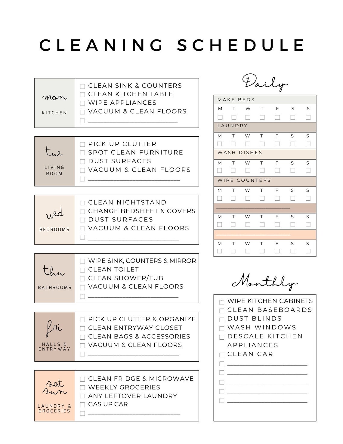 Printable Cleaning Schedule, Instant Download, Organizational Cleaning ...