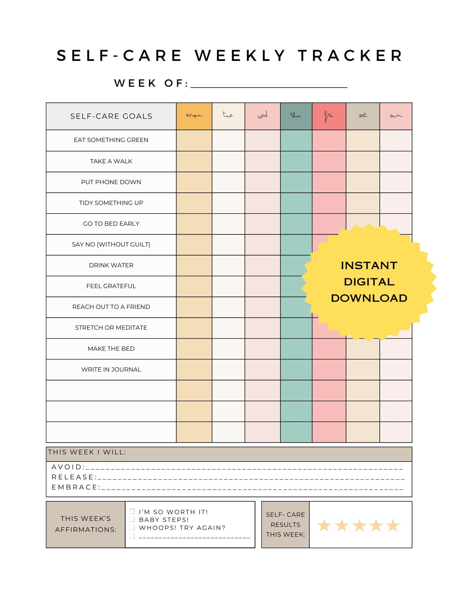 Editable Selfcare Checklist Self Care Planner Selfcare Journal